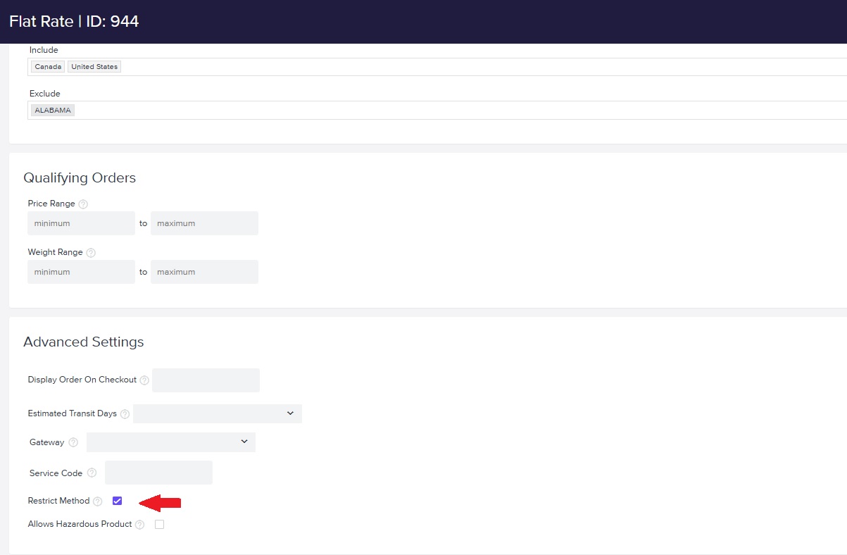 Restricted Shipping Methods